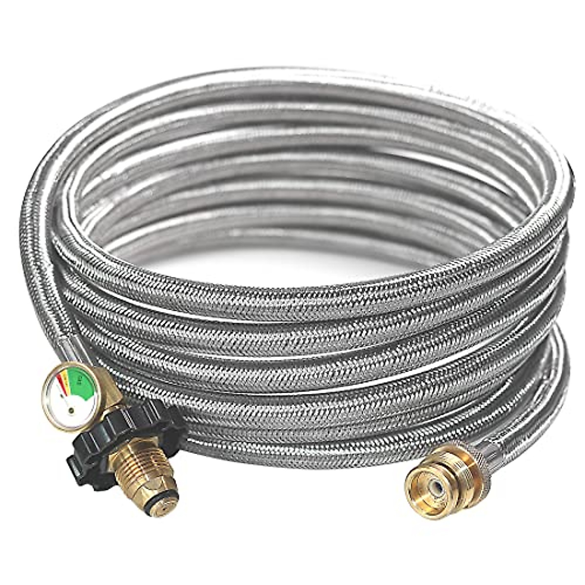 DOZYANT 15 Feet POL Stainless Braided Propane Hose Adapter with Propane Tank Gauge, 1lb to 20lb Propane Converter Hose for Propane Stove, Tabletop Grill and More 1lb Portable Appliance