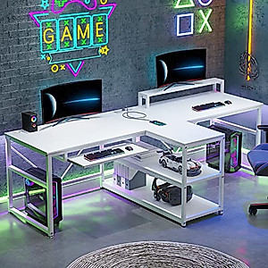 SEDETA 94.5" White Computer Desk, Two Person Gaming Desk with LED Light, Keyboard Tray, Power Strip with USB, Monitor Shelf & Storage, Extra Long Double Desk for Home Office, White.