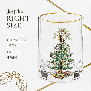 Spode Christmas Tree 14oz Double Old Fashioned Glasses, Set of 4 - Festive Holiday Drinkware with Rustic Christmas Design, Excellent for Whiskey at Holiday Gatherings and Cozy Celebrations