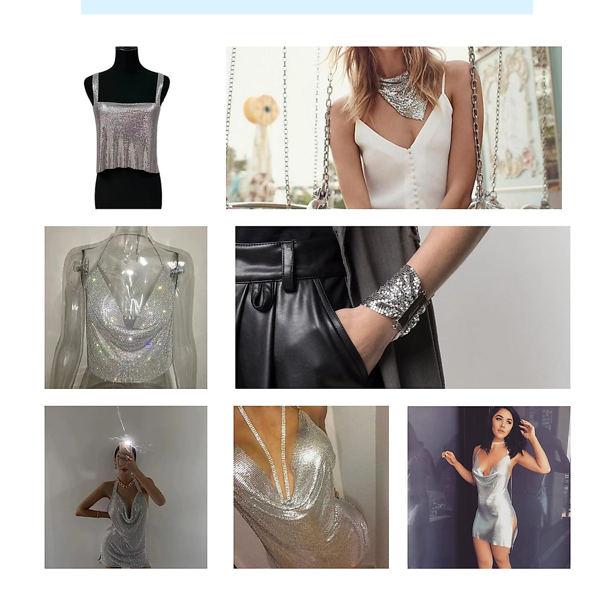 OQINGNA 45x40cm Sparkly Metal Mesh Fabric Chainmail Jewelry Metallic Cloth Sequined Craft Fabric Cuttable for Clothing Bag Making Party Shoes Decorations Accessories (Silver 45x40cm)