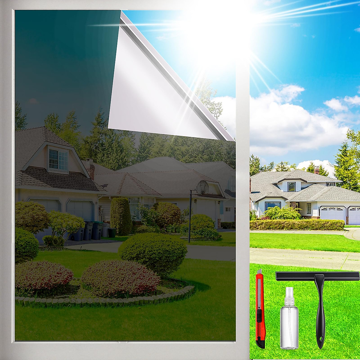 One Way Privacy Window Film Sun Blocking, Heat Blocking Window Tint for Home See Out But Not in, Static Cling & Anti UV, Black-Silver,17.5 Inch x 78.74 Inch