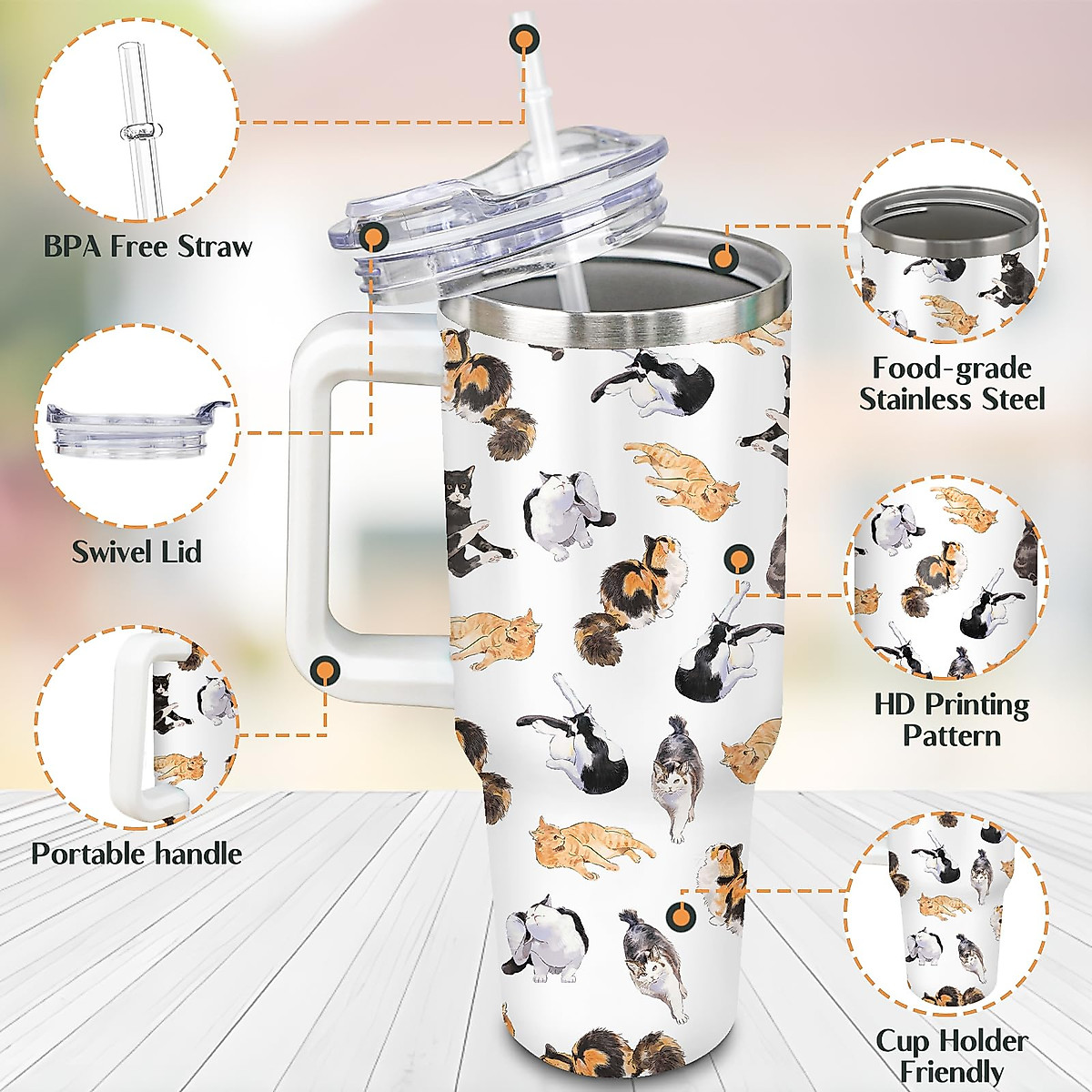 30 oz Cat Tumbler with Handle and Straw, Stainless Steel Vacuum Insulated Travel Coffee Mug Cup Water Bottle, Cat Stuff Accessories Decor, Cat Lover Gifts for Women Girls