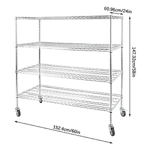 Adjustable Storage Shelves with Wheels, Wire Shelving Unit with Wheels, Metal Shelves for Storage, Pantry Shelves for Kitchen, 4 Tier Metal Shelving, Storage Rack Load 1760LBS, 60" L x 24" W x 58" H