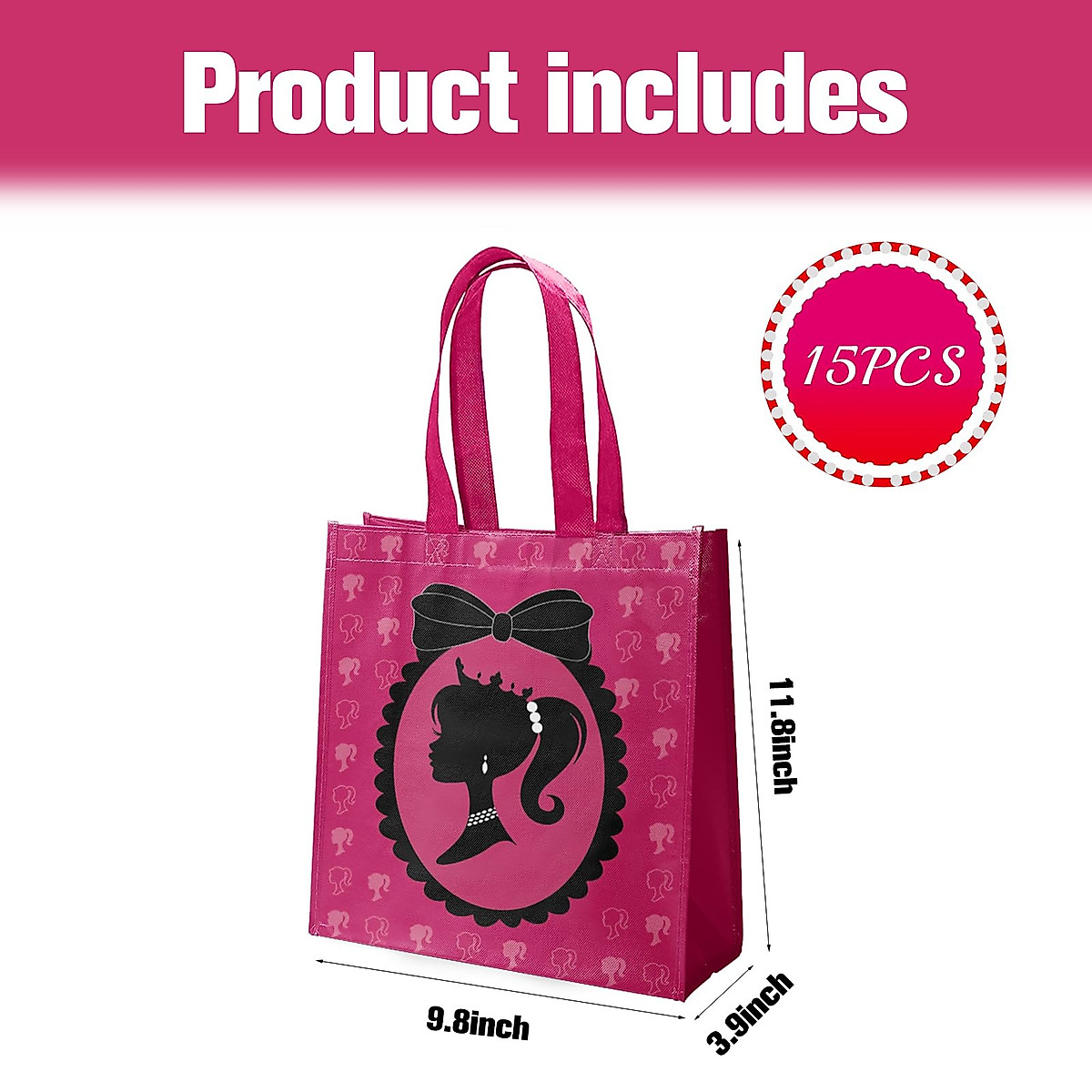 HYOUNINGF Pink Girls Party Supplies, 15PCS Large Doll Party Favor Gift Bags, Reusable Pink Party Goodie Candy Bags with Handle for Girls Birthday