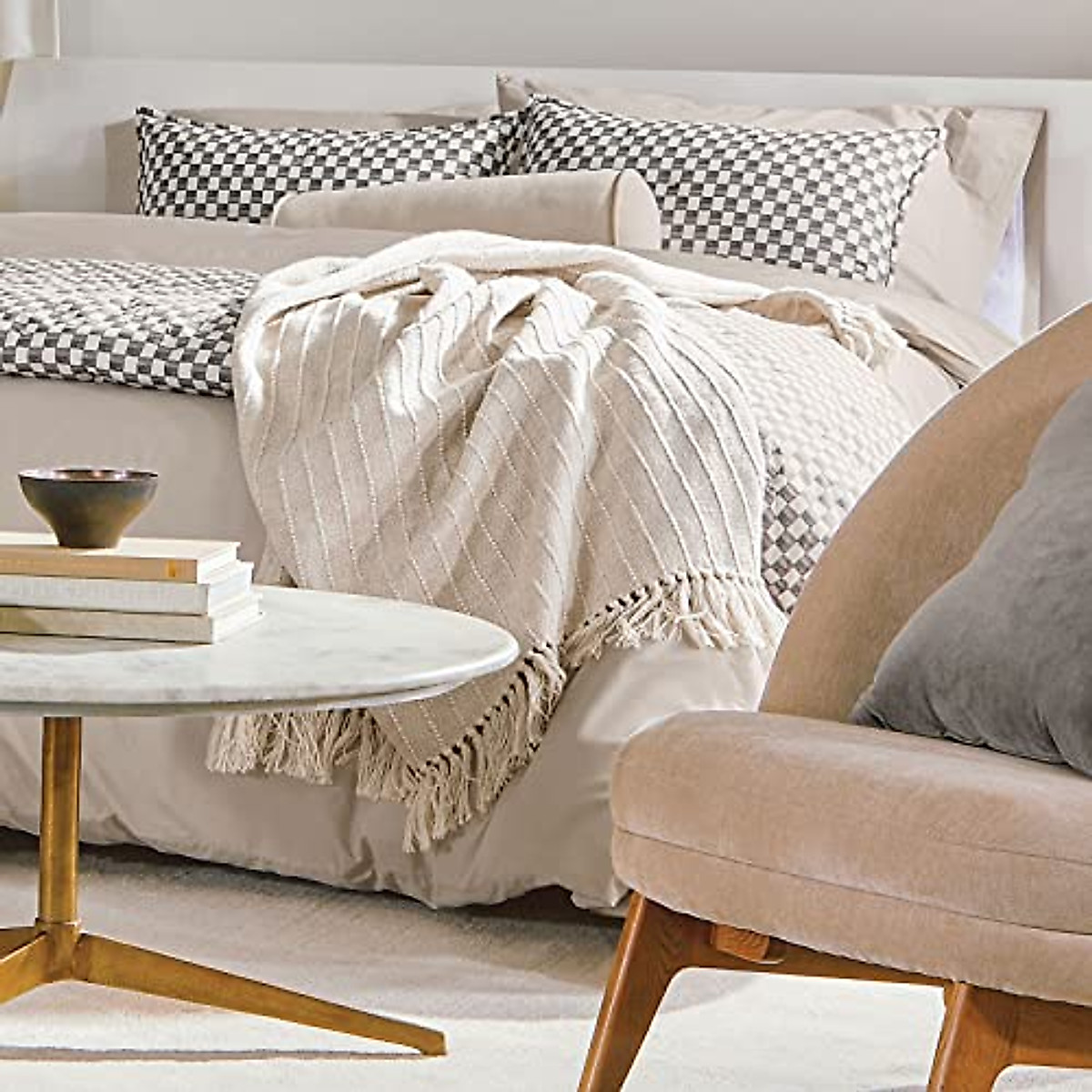 Nate Home by Nate Berkus Lightweight Textured Weave Cotton Throw Blanket | with Fringe Detail, Breathable, All-Season Decoration for Bedding from mDesign - 50" x 60", Natural (Tan)