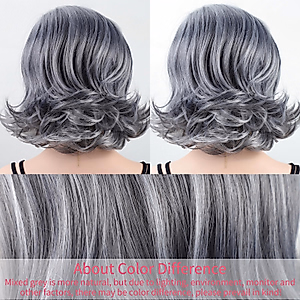 RENERSHOW Mid-length Grey Wavy Bob Wigs for Women Short Gray Curly Wig Synthetic Salt and Pepper Wigs Average Size Realistic Natural Daily Party Wigs for Older Women with Silver White Bangs(10-12inch)