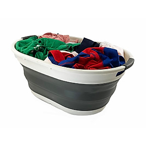 SAMMART 39L (10.3 gallons) Collapsible Plastic Laundry Basket - Foldable Washing Tub - Easy Storage & Pop Up Saving (Grey/Washed Black)