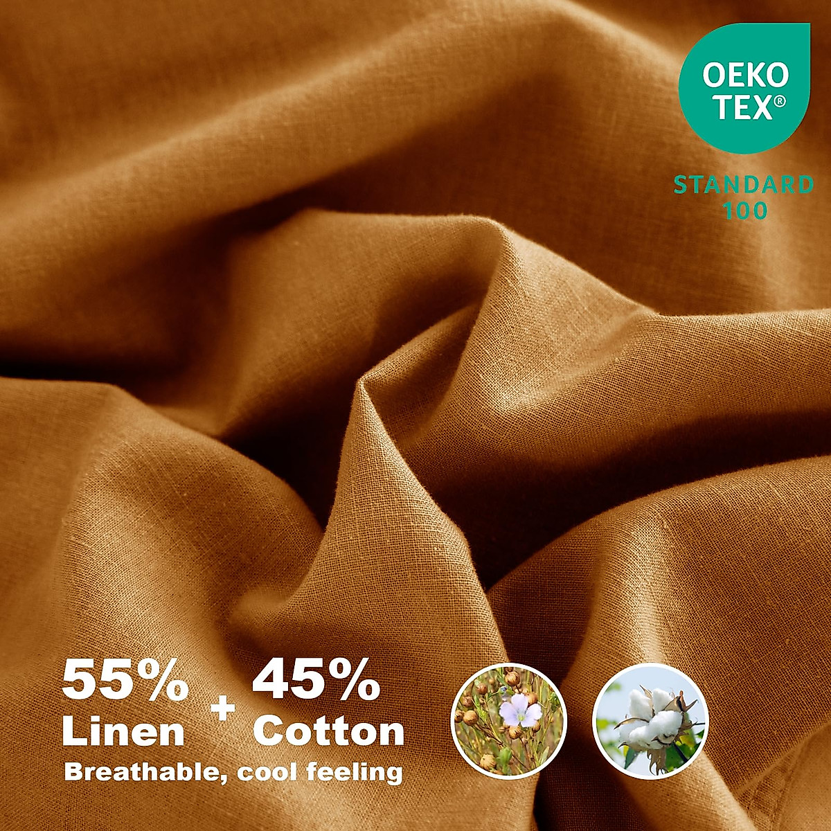 Talasily Linen Sheets California King Linen Bed Sheet 4 Piece Breathable Cotton Bed Sheets, Linen Cotton Blend Sheets for All Seasons- Deep Pockets, Easy-Fit, (California King, Caramel)