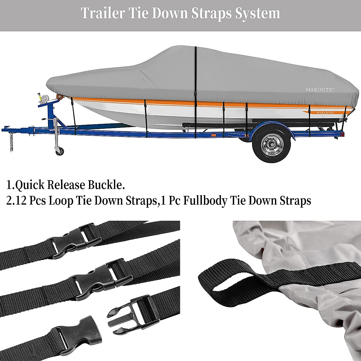 Boat Cover, MAROUTE 600D Waterproof Trailerable Marine Grade Polyster Canvas Fits V-Hull, Tri-Hull Fishing Boat, Runabout, SKi Boat, Bass Boat, up to (Length 17ft-19ft Beam Width Up to 96")