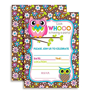 Owl Themed Birthday Party Celebration Invitations 20 5x7 Fill In Cards with Twenty White Envelopes by AmandaCreation Look Whoo is having a birthday!