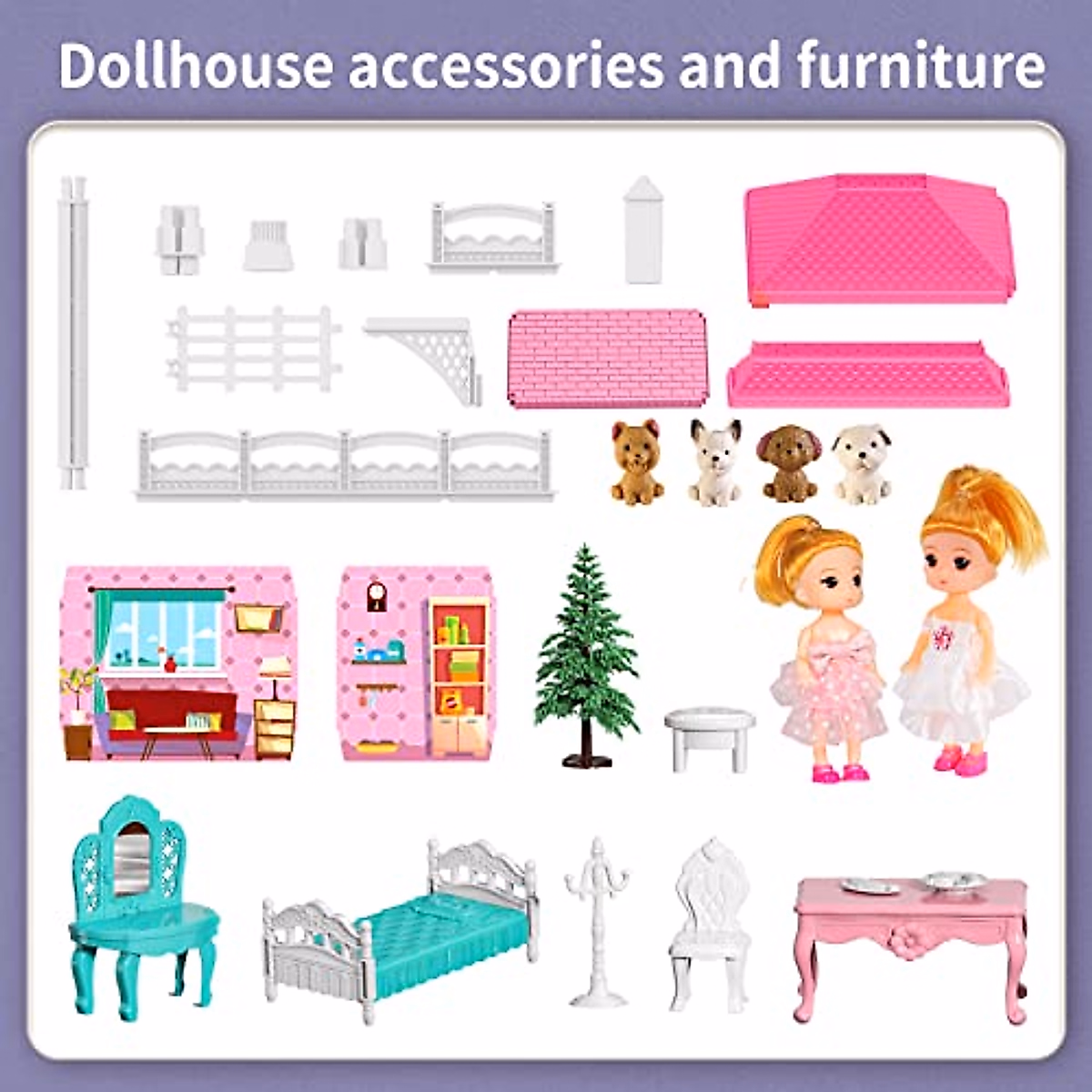 TEMI Dream Doll House Girls Toys - 2-Story 4 Rooms Playhouse with 2 Dolls Toy Figures, Fully Furnished Fashion Dollhouse, Pretend Play House with Accessories, Gift Toy for Kids Ages 3 4 5 6 7 8+