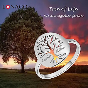LONAGO Tree of Life Name Ring Personalized, Customize Tree Ring Engrave One Two Three Four Names Ring for Women Men (Silver Color, Sterling Silver)