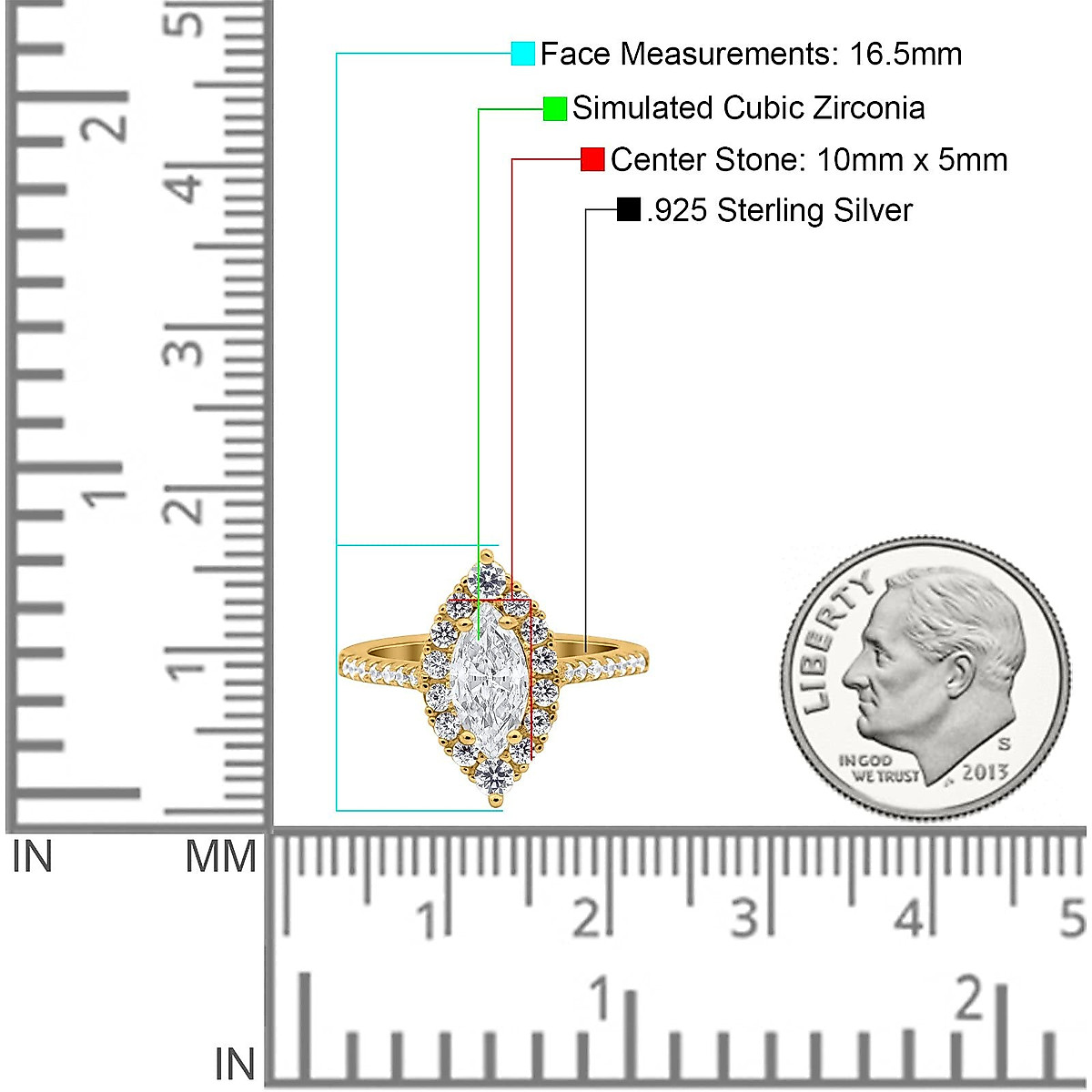 Blue Apple Co. Yellow Tone, Simulated Cubic Zirconia Size-7 Halo Marquise Art Deco Engagement Wedding Bridal Ring Round CZ 925 Sterling Silver