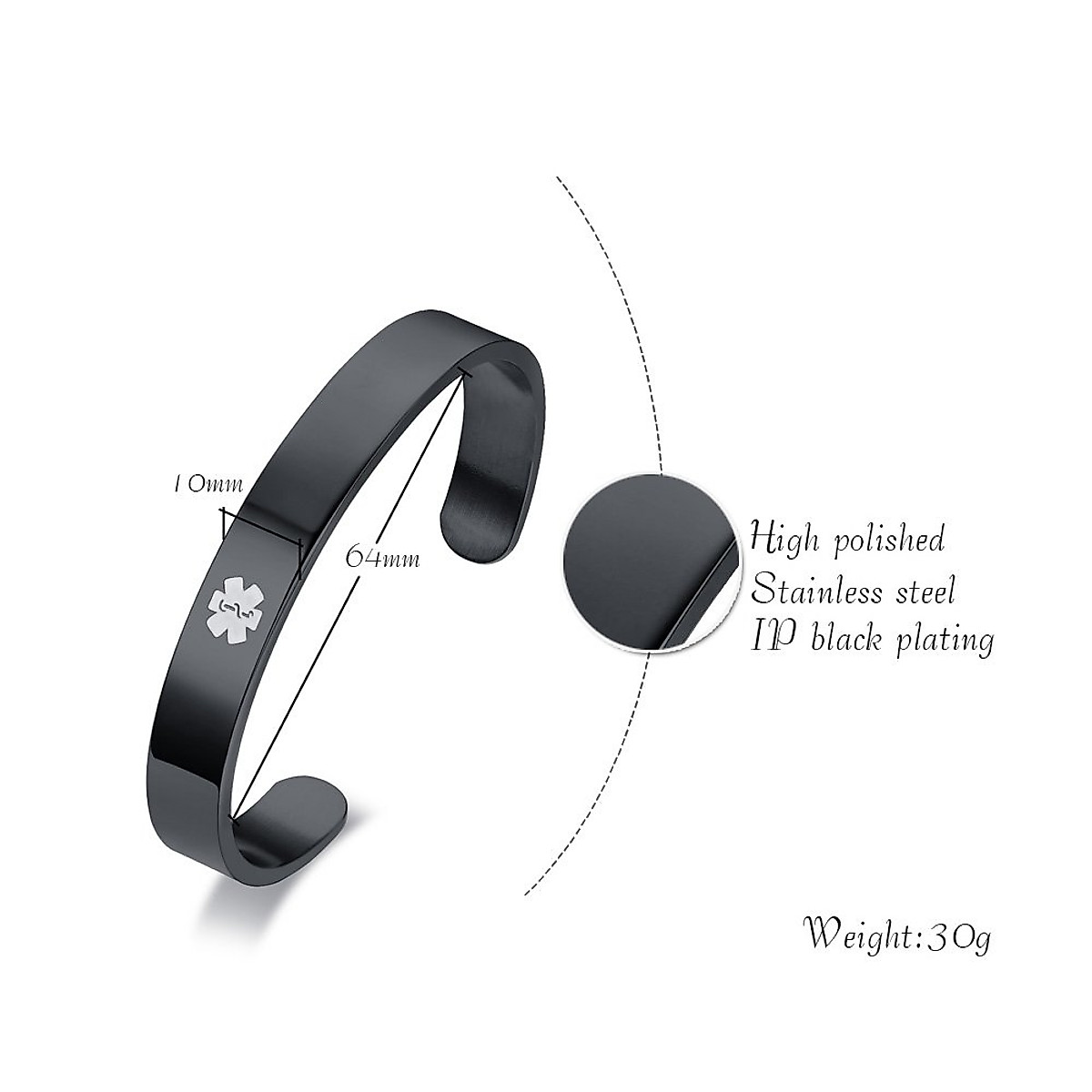 MEALGUET Stainless Steel Cuff Medical Alert ID Bracelet Open Metal Custom Medic Identification Cuffs Bangle for Men Women,7.7-8 Inches,Black Ion Plated