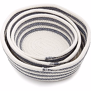 Woven Baskets for Storage, Grey Striped Round Basket (3 Sizes, 3 Pack)