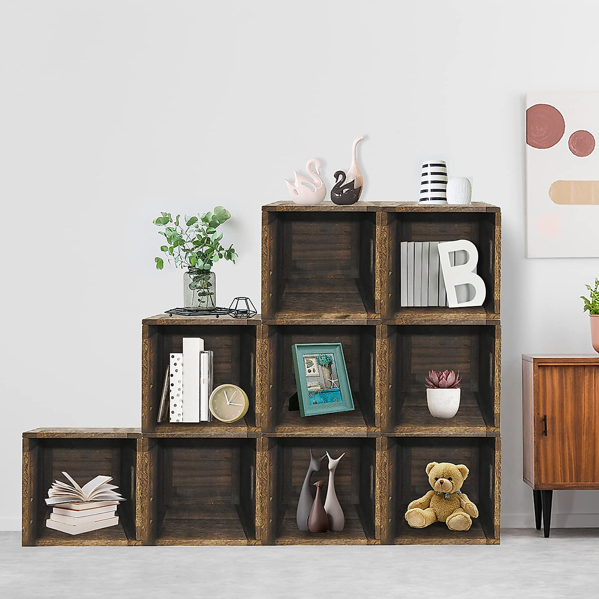 NC Luneodoki Wooden Decorative Storage Cube Boxes with Handles, 11” x Large Baskets For Shelves, Stackable Containers Organizing Bins Toy, Clothes, Books, Office, Rustic Brown