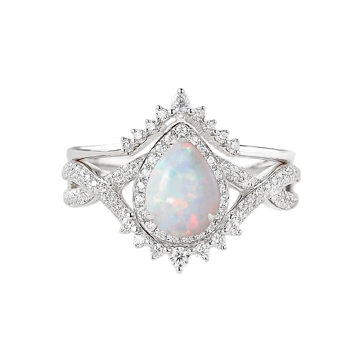 YDD 14k Rose Gold 1.5ct Pear Shaped Opal Engagement Rings for Women Opal & Moissanite Bridal Set Vintage Halo Infinity Ring Set 2pcs Inspired V Shaped Wedding Band Anniversary Free Engraved