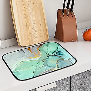 Teal Marble & Golden Swirls Dish Drying Mat for Kitchen, Small Microfiber Easy Storage Drying Pad, 16" x 18"