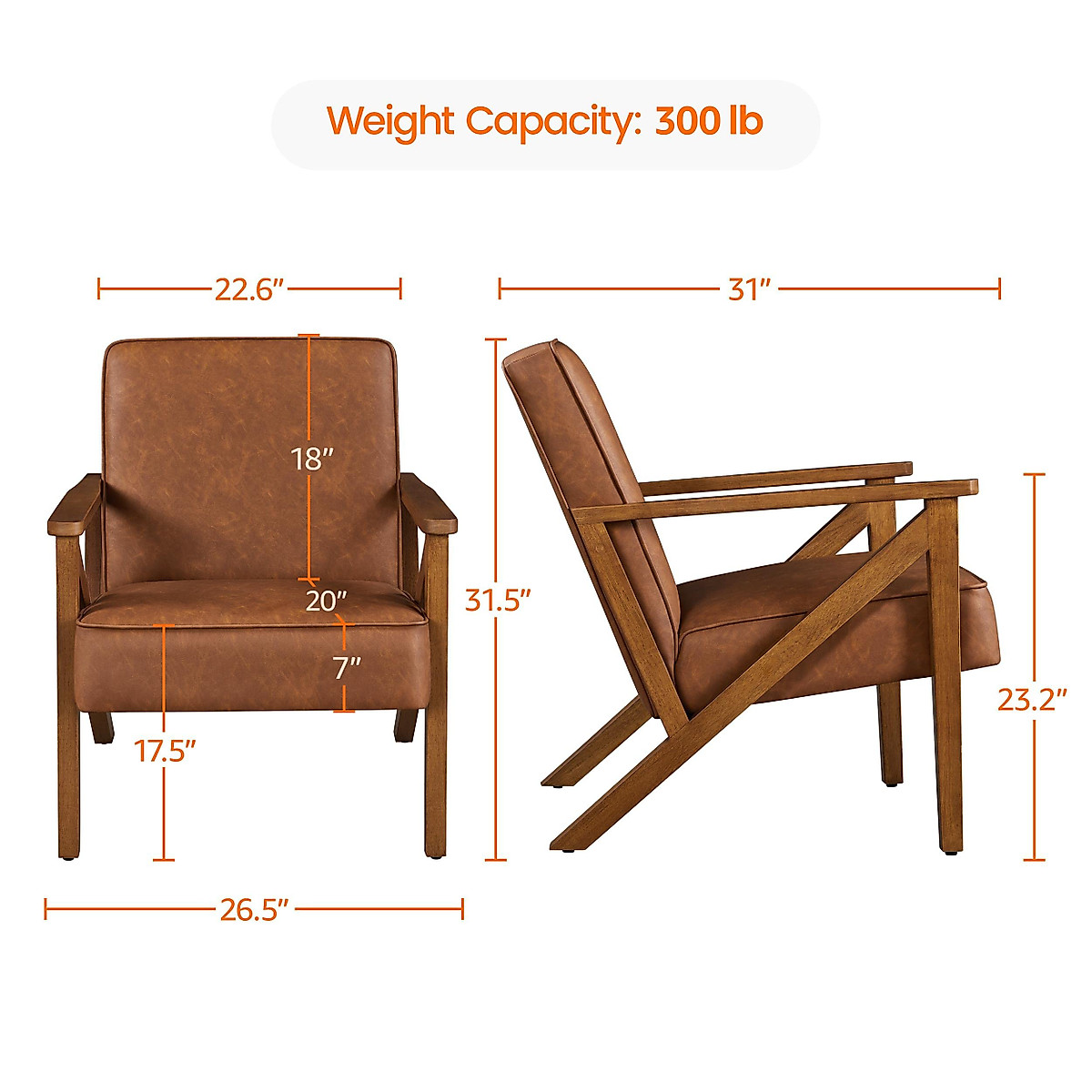 Yaheetech Accent Chair, Armchair with Strong Wood Frame, PU Leather Modern Retro Lounge Chair for Living Room/Lounge/Office/Reception Area, 2 Pieces, Light Brown
