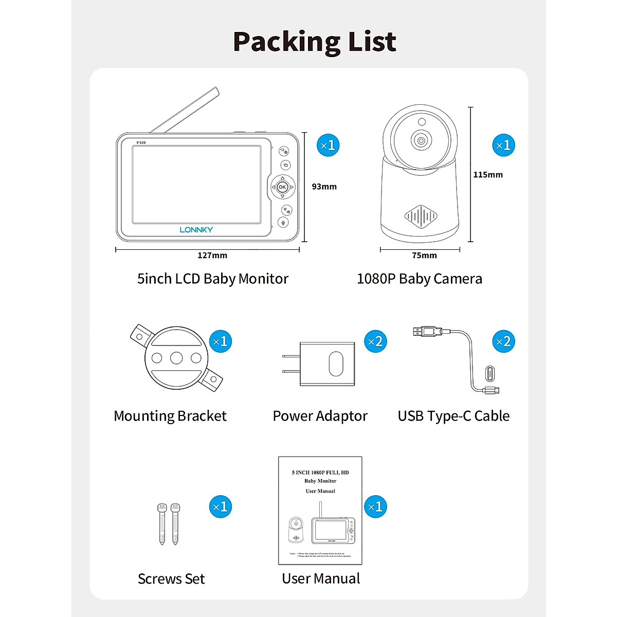 LONNKY Baby Monitor with Camera and Audio, 5" Color Display with 1080P Pan 355°/Tilt 65° Camera, 2-Way Audio, 16ft Night Vision, Temperature & Sound Alarm, Up to 1000ft Range, Support Playback