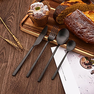 Uniturcky 16 Pcs Modern Silverware Flatware Sets, Stainless Steel Cutlery Set for 4, Forks Spoons and Knives Set for Home kitchen Restaurant, Square Handle Utensils, Matte Black