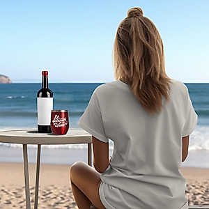 Chris's Stuff 12 oz Wine Tumbler - Iced Coffee Mug with Splash-Proof Lid Stainless Steel Double Wall Vacuum Insulated with Inner Layer Copper Keep Drinks Cold/Hot - Quote: Beach and Wine (Red)