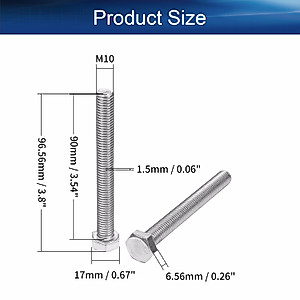 Bettomshin 5Pcs M10 x 90mm Hex Bolts, 304 Stainless Steel 1.5mm Thread Pitch Fully Threaded Metric Hex Head Screw Bolts, Hexagon Screw Bolt, Hex Tap Bolts, Silver (Overall Size 96.56x17x17mm)