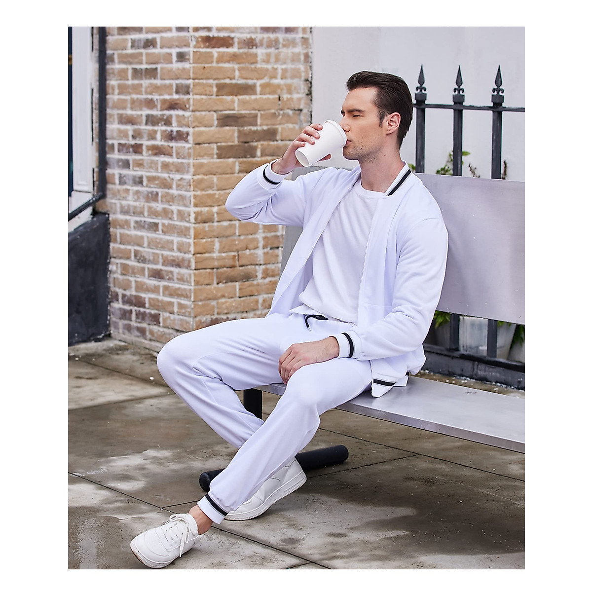 COOFANDY Sweatsuit For Men Long Sleeve Casual Athletic Tracksuits Zipper Exercise Jacket and Pants Sets White