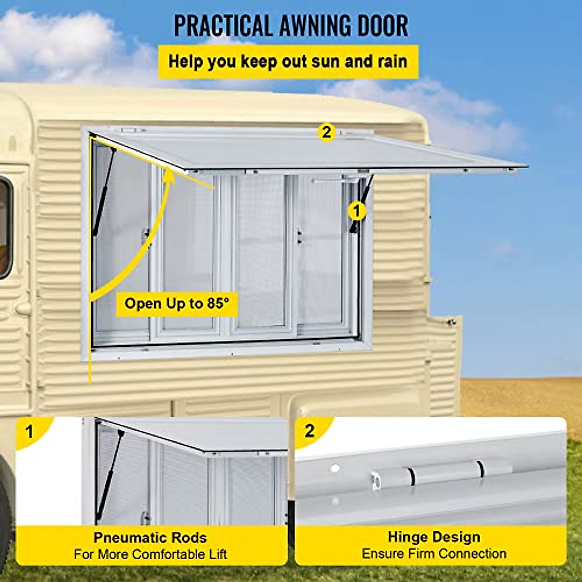 VEVOR Concession Window 60 x 36 inch, Aluminum Alloy Food Truck Service Window with 4 Horizontal Sliding Screen Windows & Awning Door & Drag Hook, Serving Window for Food Trucks Concession Trailers
