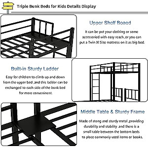 Harper & Bright Designs Triple Bunk Beds, Metal Triple Bunk Bed Twin Over Twin & Twin Size, 3 Bed Bunk Beds for Kids, Teens,Can be Separated into 3 Twin Beds, Black