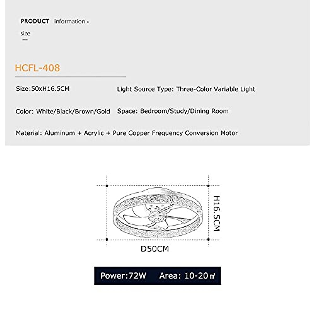 AAXYZX 50CM Modern LED Ceiling Fan Lights European-Style Simple Invisible Bedroom Dining Room Living Room Fan Lamps 3 Color Changeable,Luxury Lamp