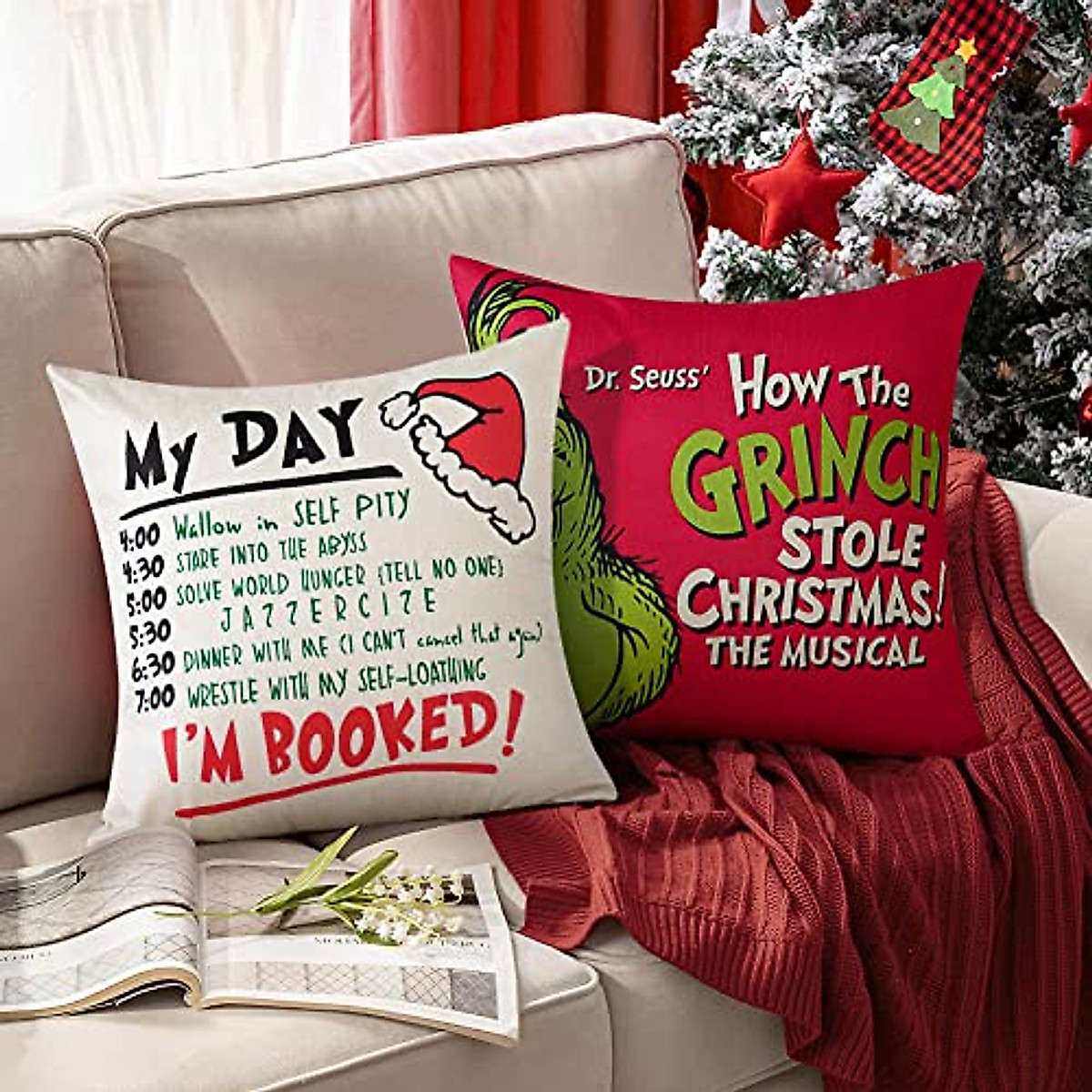 Christmas Pillow Covers 18x18 Set of 4 for Christmas Decorations,Grinch Christmas Decorations Throw Pillow Covers Merry Christmas Grinch Pillow Cases Christmas Pillows for Sofa Couch Indoor Outdoor