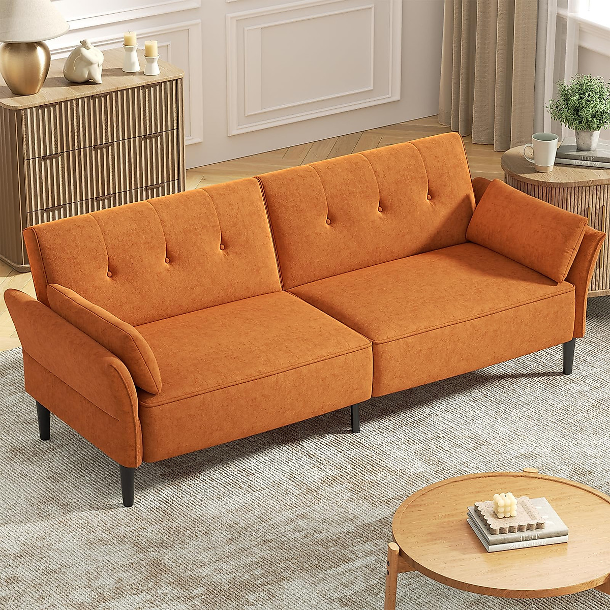 COPIAE 89” Futon Sofa Bed, Velvet Fabric Comfy Futon Couch Bed with 2 Square Pillows, Convertible Sleeper Sofa with Adjustable Backrest& Armrests, Modern Loveseat Sleeper for Living Room, Bedroom