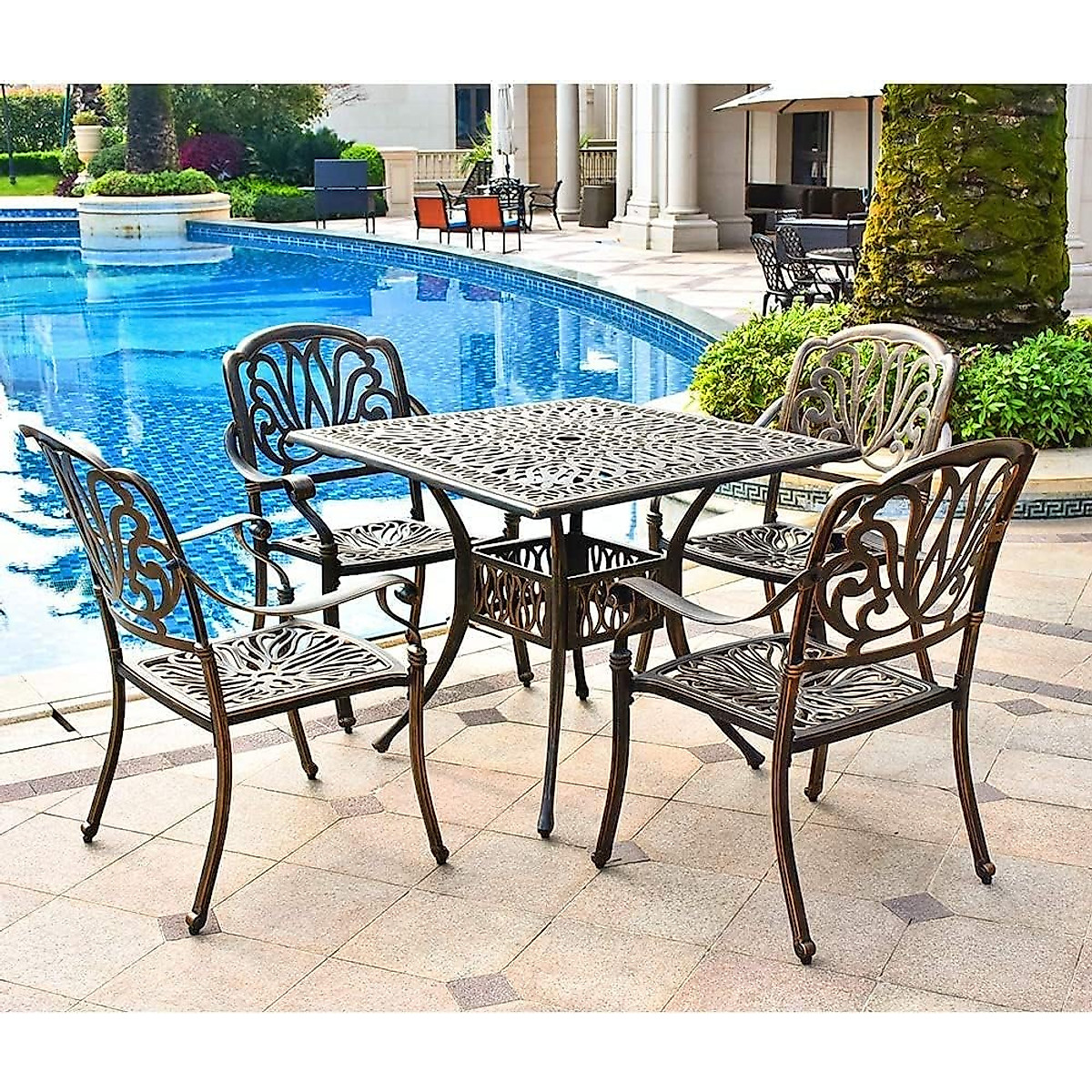 QUYZE Patio Dining Table, 35" Outdoor Patio Table with Umbrella Hole Bronze Square Cast Alluminum Patio Metal Dining Table, Outdoor Furniture for Backyard Lawn Balcony Deck