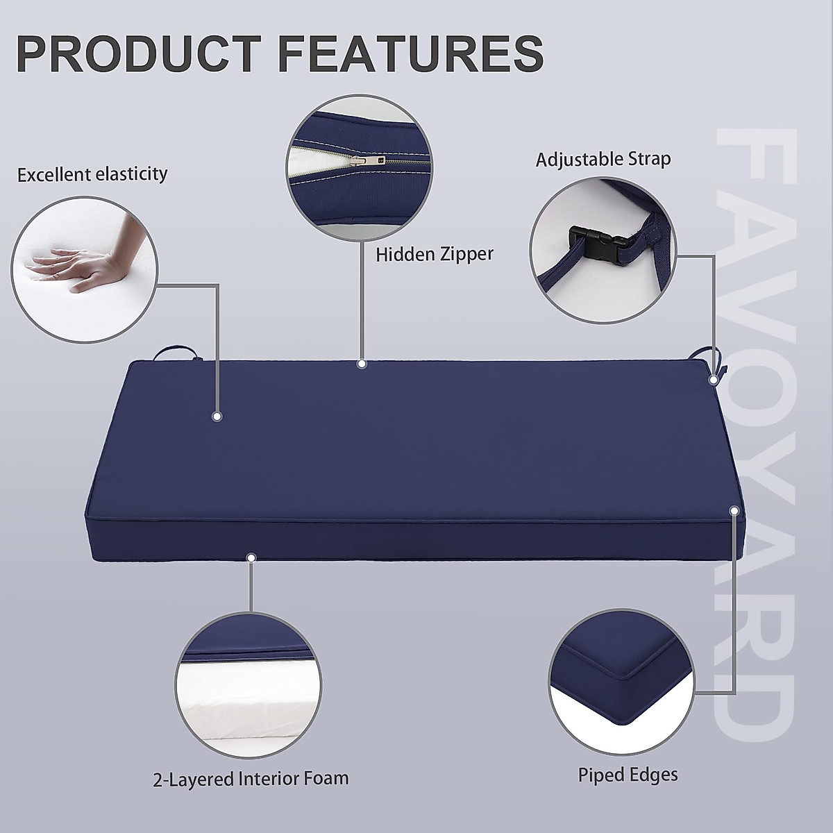 Favoyard Outdoor Bench Cushion 59 x 18 Inch Waterproof Patio Furniture Cushions 3-Year Color Fastness Garden Sofa Settee Couch Swing Pads with Handle and Adjustable Straps, Blue