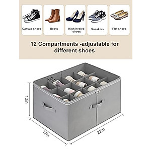 Large Shoe Organizer for Closet (L22in x W17in x H13in)- Adjustable Shoe Storage Bins, Fits 12 Pairs Different Sized Shoes, Foldable Shoe Box Storage Containers with Clear Cover-Shoes Holder, Gray