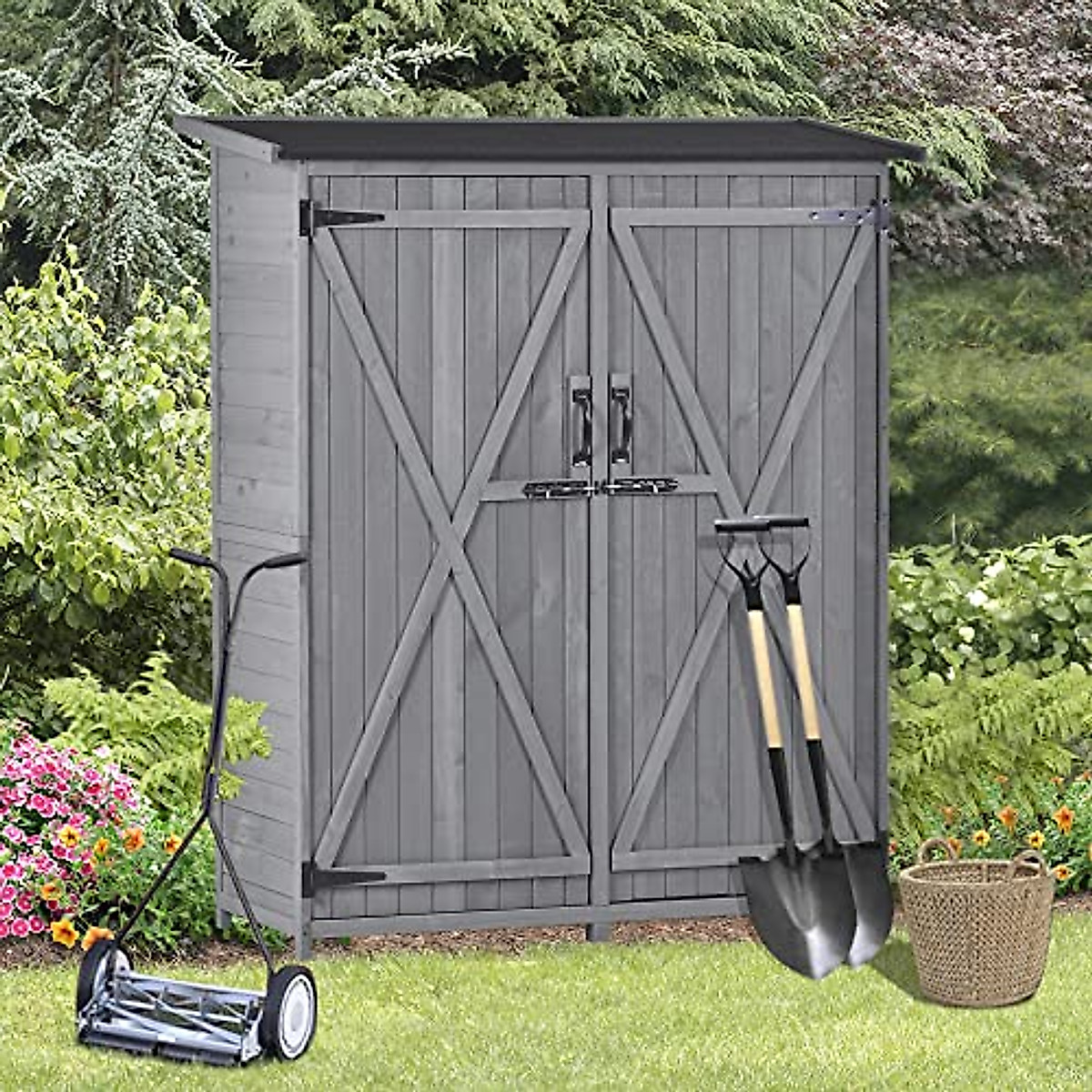 EOVTK Outdoor Wood Storage Shed, 5.3x4.6FT Garden Tool Organizer, Outdoor Storage Cabinet with Waterproof Asphalt Roof & Double Lockable Doors for Backyard Patio, Gray