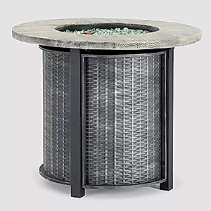 RST Brands Sego Lily Logan Steel Outdoor Patio Round Fire Table, with Fiber Concrete Top, 40000 BTUs, PE Wicker, Backyard, 30x30 Inch, Gray