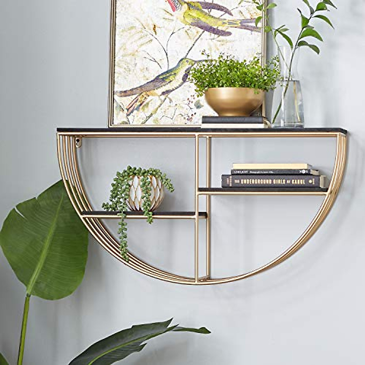 Deco 79 Wood 3 Shelf Wall Shelf with Half Moon Shape, 28" x 7" x 15", Gold