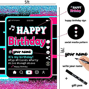 TIK TOC Backdrop Personalized Name with a Marker Music Birthday Party Decorations,Large Birthday Party Backdrop for Teens Social Media Theme Birthday Party