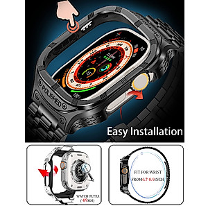 San Jeirie Stainless Steel Case & Band Compatible for Apple Watch Ultra 1/2 (49mm), Rugged Metal Protective Bumper Cover for iWatch Ultra Band for Men (Black)