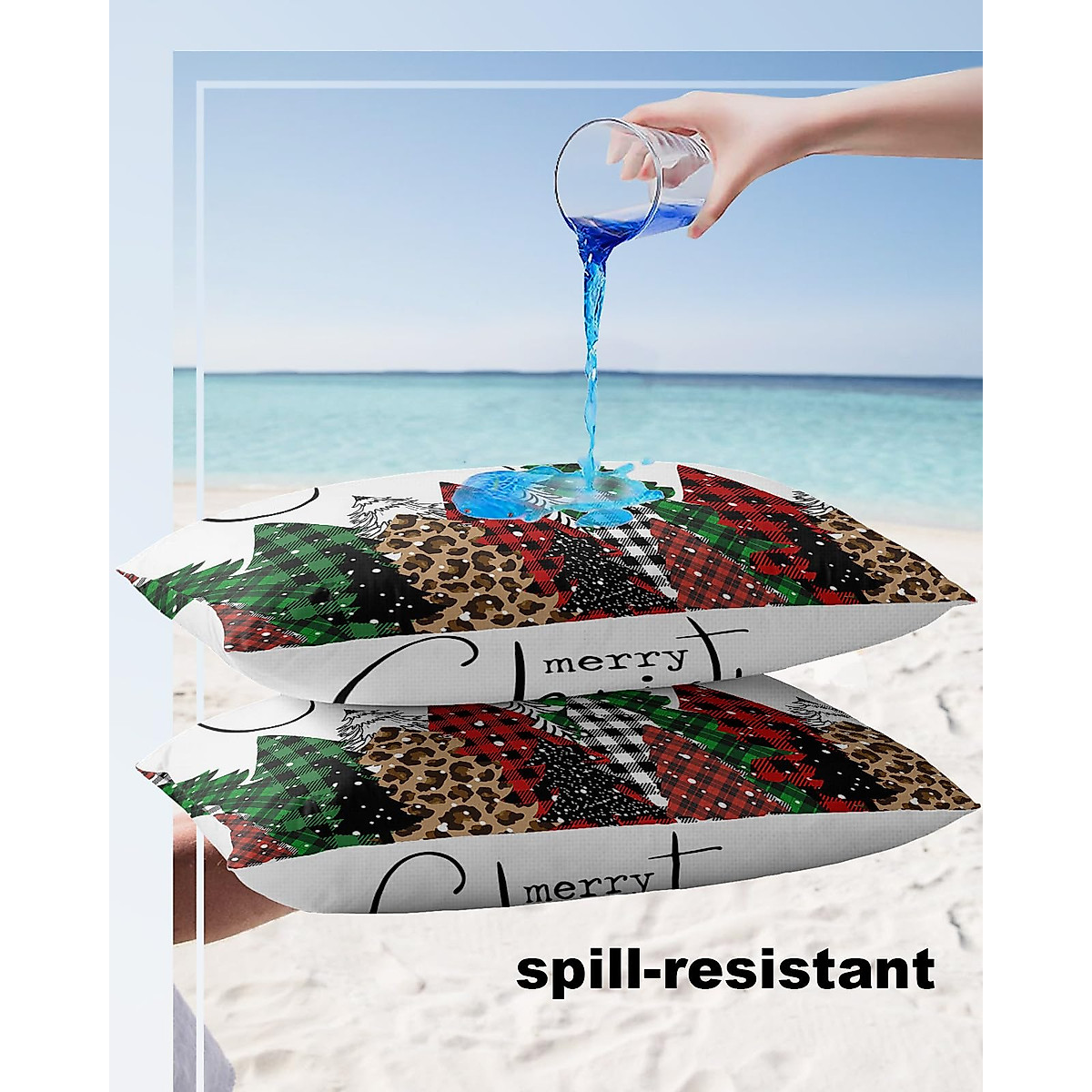 Edwiinsa Outdoor Pillow Covers Waterproof, Christmas All Weather Cushion Case Set of 2, Xmas Tree Leopard Check Winter Snowflake Lumbar Pillowcase for Sofa Couch Bed Decor Patio Furniture 20"x12"