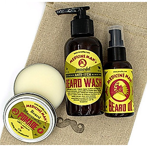 Medicine Man's Beard & Mustache Care Kit: Itchy Beard Wash 4,7 FL OZ, Anti Itch Beard Oil 2 FL OZ, Beard & Mustache Balm 2 FL OZ - in a Mustache Stamped Linen Pouch