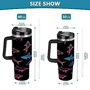 Flradish 30oz Tumbler with Handle, Colourful Sharks Stainless Steel Tumbler with Lid and Straws Double Wall Vacuum Insulated Leakproof Coffee Travel Mug