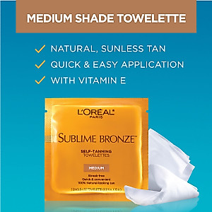 L'Oreal Paris Sublime Bronze Self Tanning Towelettes, Streak-Free, Natural Looking Tan, 6 ct (Pack of 2)
