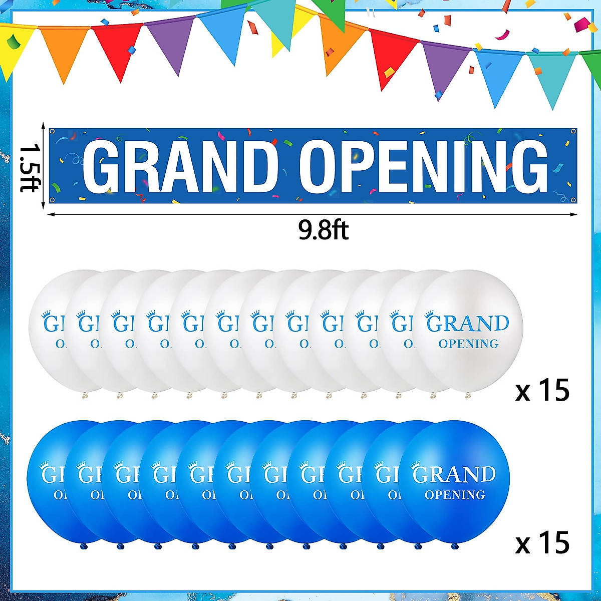 Large Grand Opening Banner 30 Pieces Latex Grand Opening Balloons Grand Opening Decorations 12 Inches Latex Balloons 18 x 118 Inches Retail Store Shop Business Restaurant Banners Flag (Blue, White)