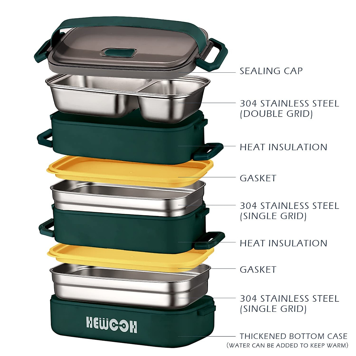HEWOOH Bento Box Adult Lunch Box (74 Oz Large Capacity), Reusable, Including Lunch Bag, Fork And Spoon, 3 Dividers, Suitable For Work, School, Picnic, Dishwasher And Microwave Safe. （Green）