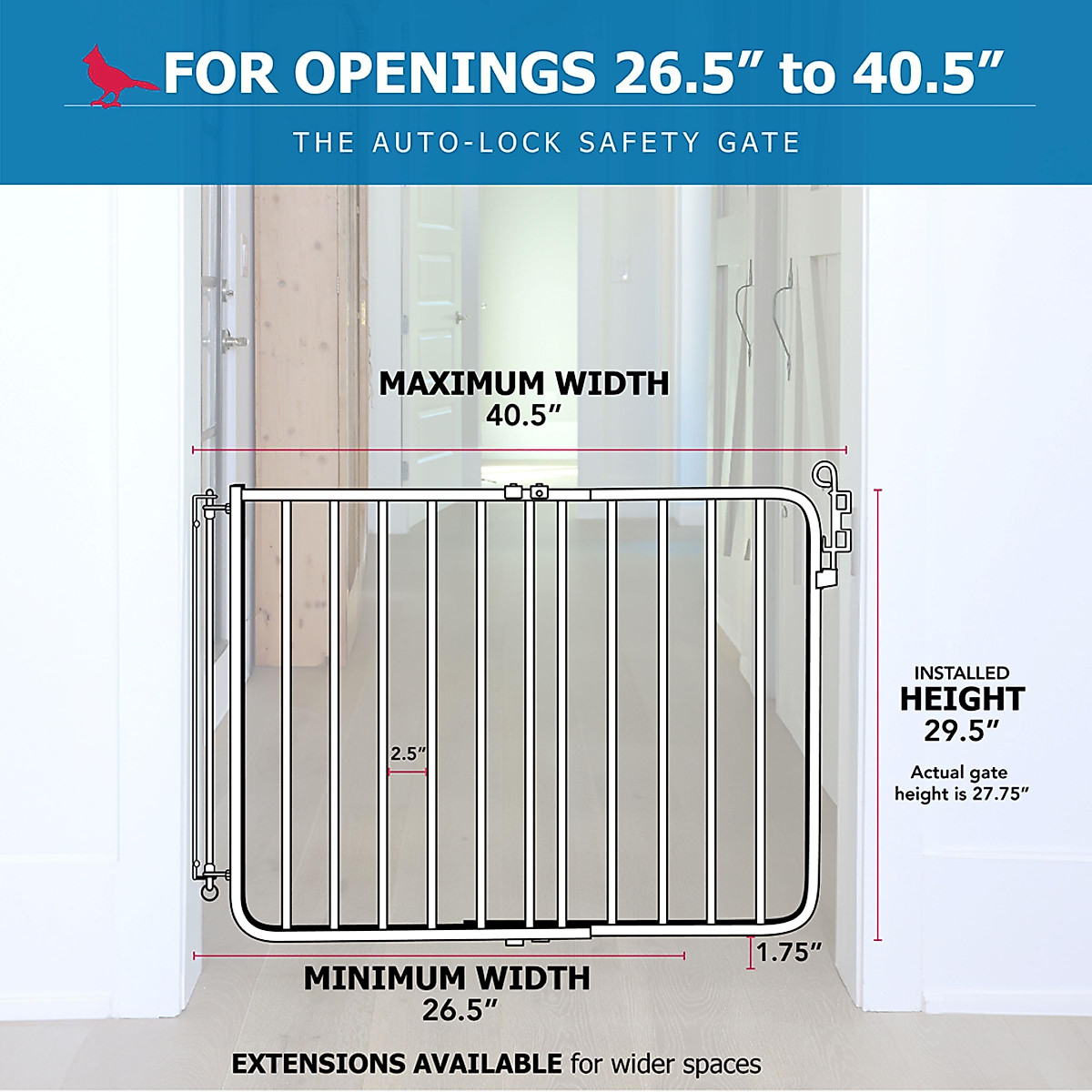 Cardinal Gates MG15 Auto-Lock Baby Gate - Adjustable Indoor Dog Gate - Aluminum Safety Gate for Kids & Pets - 26.5 to 40.5 Inches Wide - White