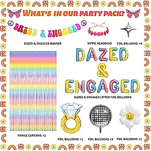 Dazed and Engaged Bachelorette Decorations, Fiesec Hippie Groovy Retro Bachelorette Decorations Tie Dye Fringe Curtain 4D Disco Sparkle Daisy Ring Foil Balloon Flower Headband