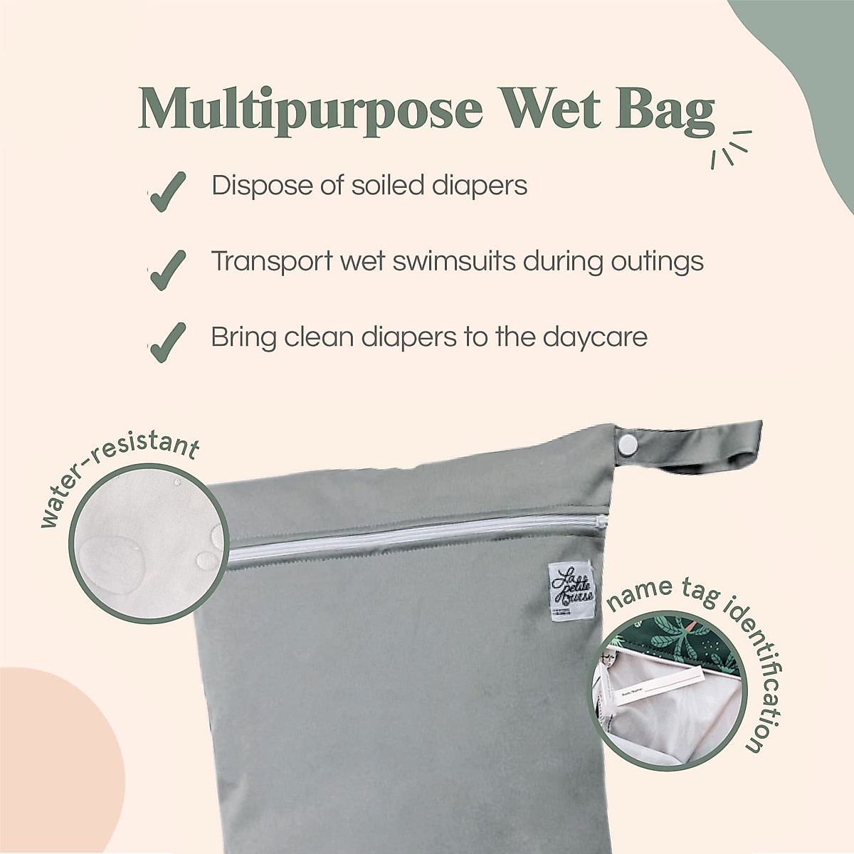 La Petite Ourse Wet Dry Bags with Zipper Closure and Hanging Strip, Washable, Reusable, Waterproof, for Swimming Suit, Baby Cloth Diapers, Beach, Pool, Travel, Gym, Daycare - Pack of 3